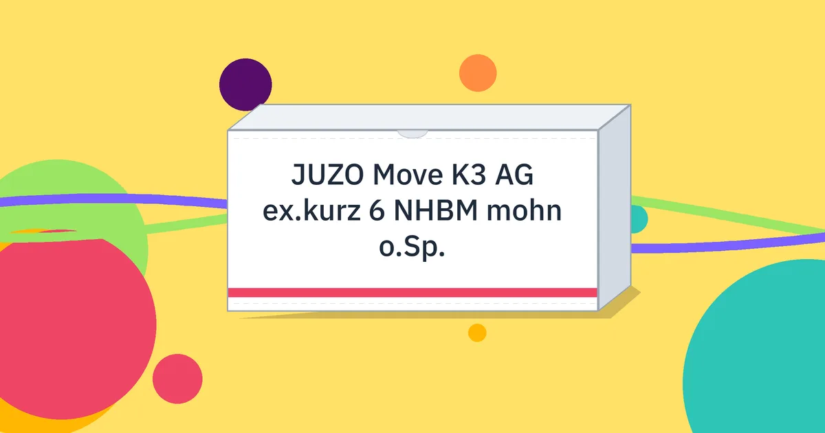 Symbolbild: Packung mit der Aufschrift JUZO Move K3 AG ex.kurz 6 NHBM mohn o.Sp. (PZN 18596565) – Verfügbarkeit und Bezug in Apotheken in Frankfurt am Main