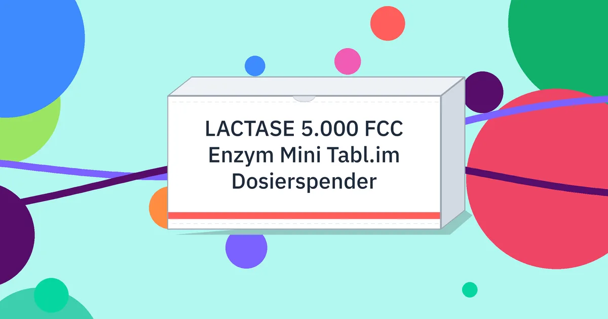 Symbolbild: Packung mit der Aufschrift LACTASE 5.000 FCC Enzym Mini Tabl.im Dosierspender (PZN 08641359) – Verfügbarkeit und Bezug in Apotheken in Frankfurt am Main