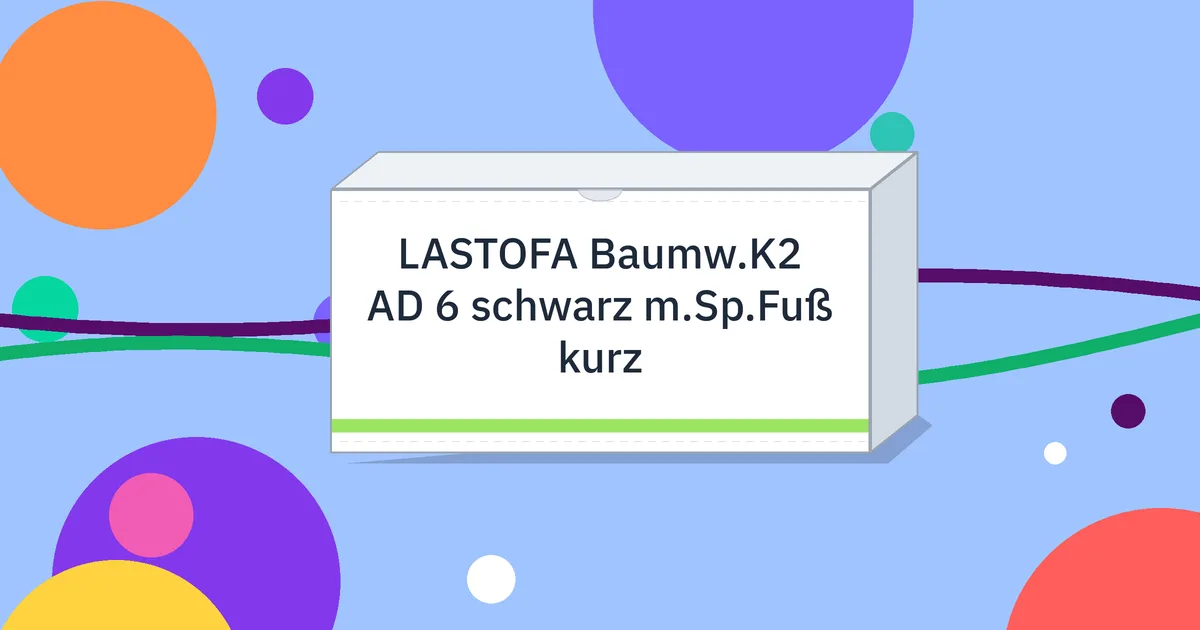 Symbolbild: Packung mit der Aufschrift LASTOFA Baumw.K2 AD 6 schwarz m.Sp.Fuß kurz (PZN 01944542) – Verfügbarkeit und Bezug in Apotheken in Frankfurt am Main