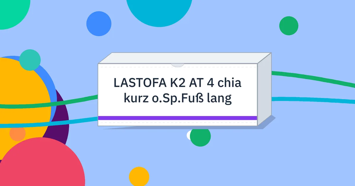 Symbolbild: Packung mit der Aufschrift LASTOFA K2 AT 4 chia kurz o.Sp.Fuß lang (PZN 14151694) – Verfügbarkeit und Bezug in Apotheken in Frankfurt am Main