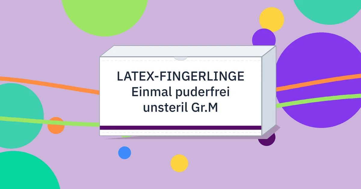 Symbolbild: Packung mit der Aufschrift LATEX-FINGERLINGE Einmal puderfrei unsteril Gr.M (PZN 12392436) – Verfügbarkeit und Bezug in Apotheken in Frankfurt am Main