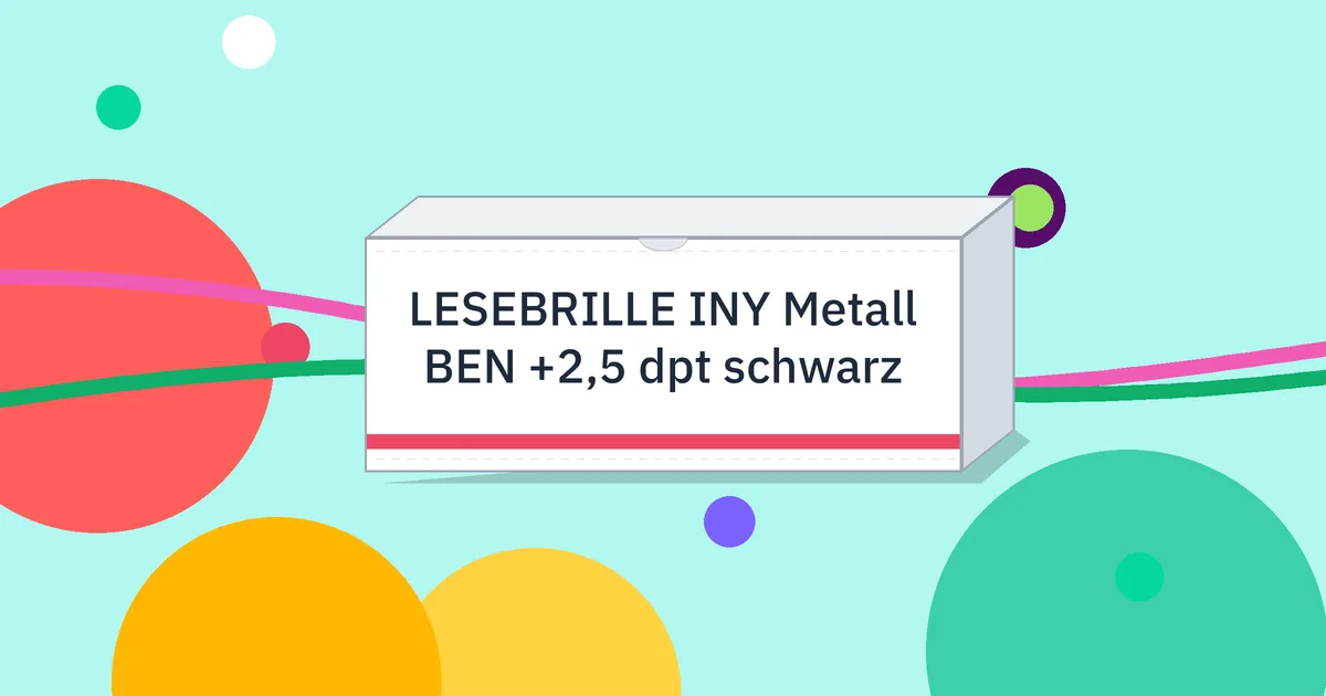 Symbolbild: Packung mit der Aufschrift LESEBRILLE INY Metall BEN +2,5 dpt schwarz (PZN 19928236) – Verfügbarkeit und Bezug in Apotheken in Frankfurt am Main