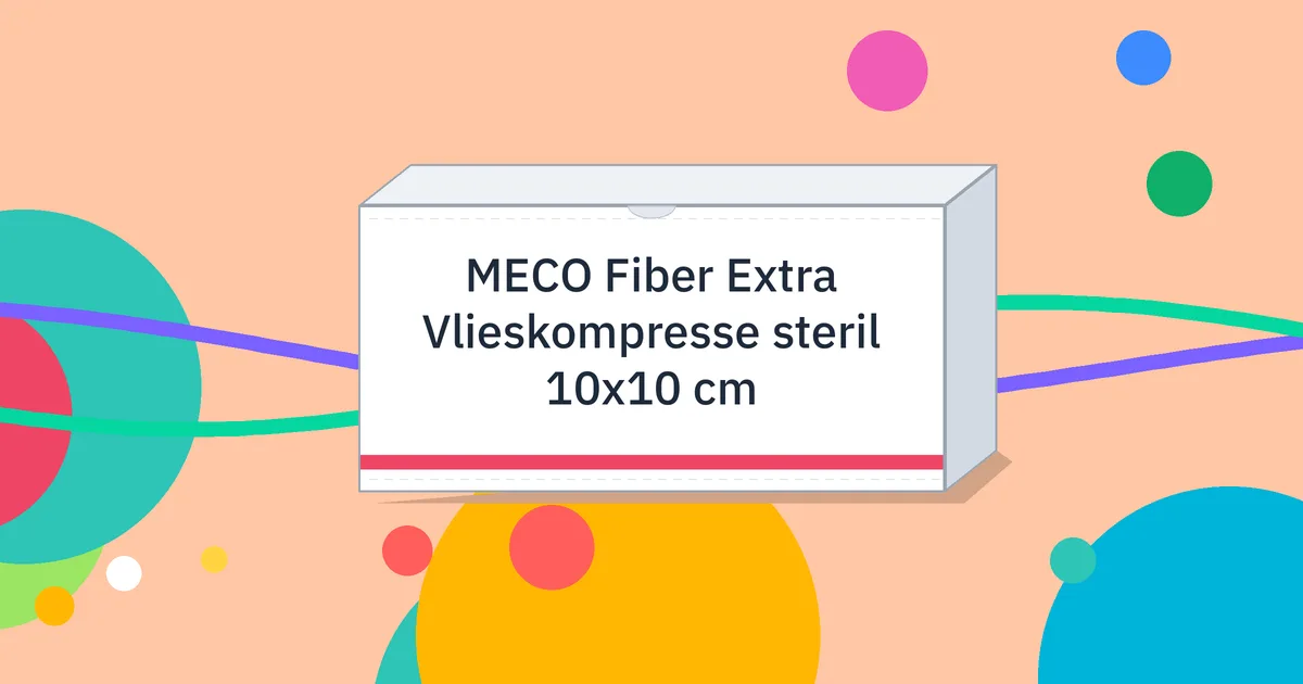 Symbolbild: Packung mit der Aufschrift MECO Fiber Extra Vlieskompresse steril 10x10 cm (PZN 19777369) – Verfügbarkeit und Bezug in Apotheken in Frankfurt am Main