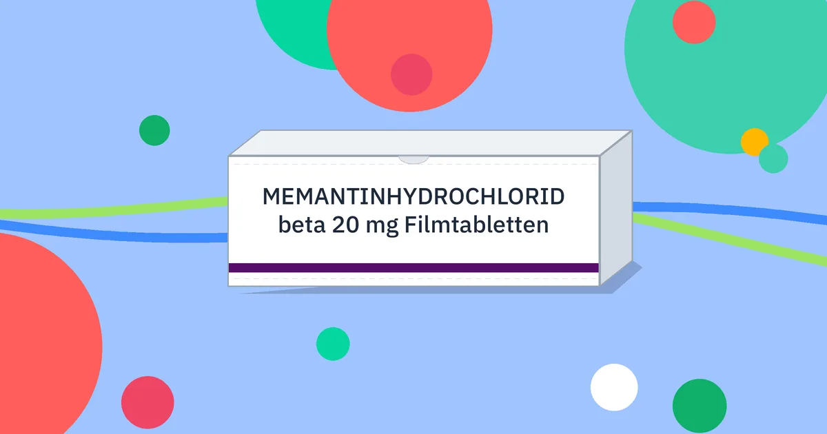 Symbolbild: Packung mit der Aufschrift MEMANTINHYDROCHLORID beta 20 mg Filmtabletten (PZN 09890188) – Verfügbarkeit und Bezug in Apotheken in Frankfurt am Main