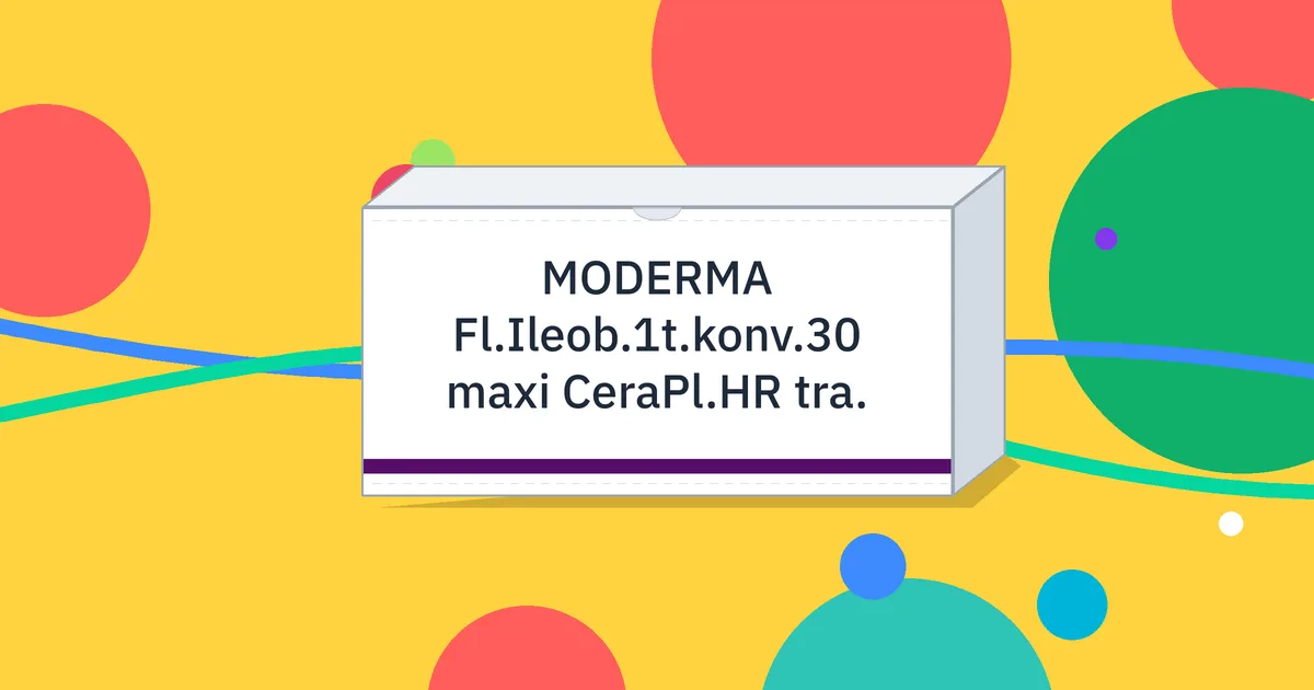 Symbolbild: Packung mit der Aufschrift MODERMA Fl.Ileob.1t.konv.30 maxi CeraPl.HR tra. (PZN 12417320) – Verfügbarkeit und Bezug in Apotheken in Frankfurt am Main