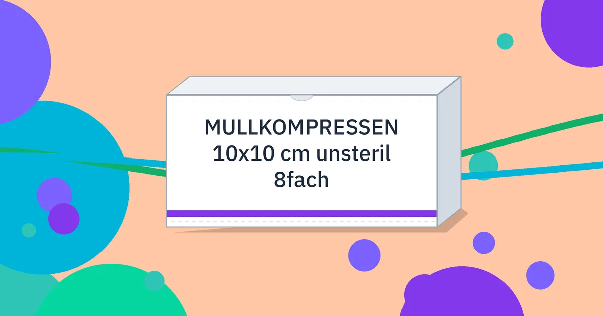 Symbolbild: Packung mit der Aufschrift MULLKOMPRESSEN 10x10 cm unsteril 8fach (PZN 00430746) – Verfügbarkeit und Bezug in Apotheken in Frankfurt am Main