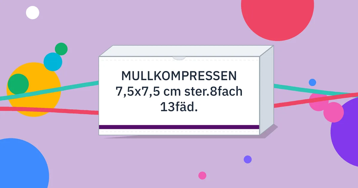Symbolbild: Packung mit der Aufschrift MULLKOMPRESSEN 7,5x7,5 cm ster.8fach 13fäd. (PZN 06928855) – Verfügbarkeit und Bezug in Apotheken in Frankfurt am Main
