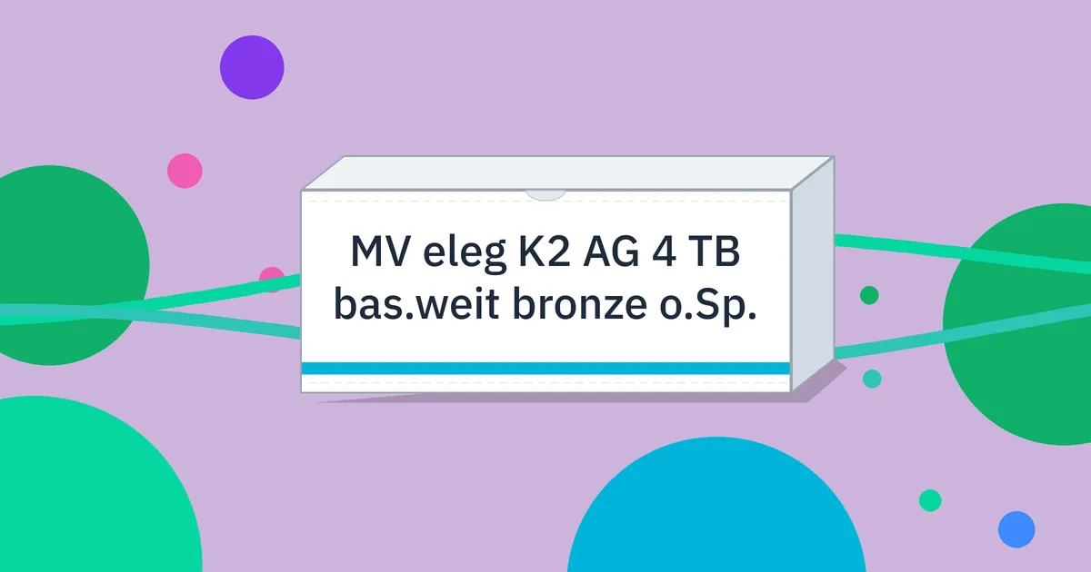 Symbolbild: Packung mit der Aufschrift MV eleg K2 AG 4 TB bas.weit bronze o.Sp. (PZN 14719829) – Verfügbarkeit und Bezug in Apotheken in Frankfurt am Main