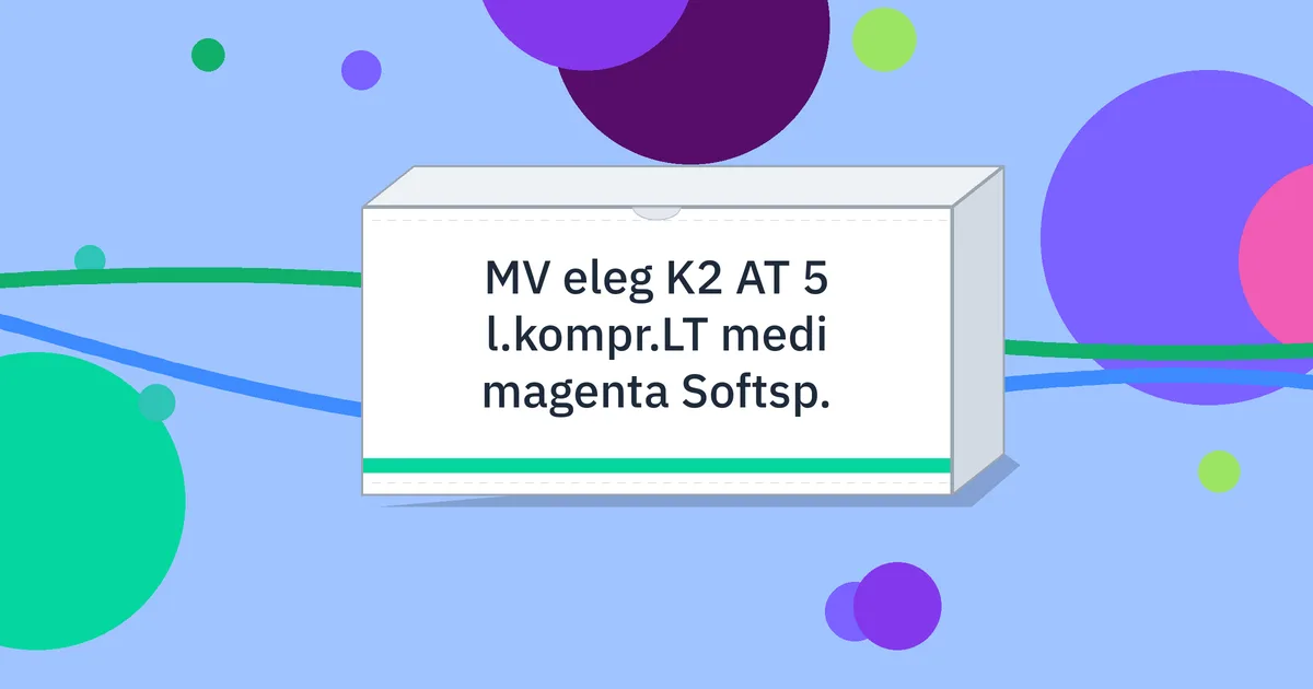 Symbolbild: Packung mit der Aufschrift MV eleg K2 AT 5 l.kompr.LT medi magenta Softsp. (PZN 15285818) – Verfügbarkeit und Bezug in Apotheken in Frankfurt am Main