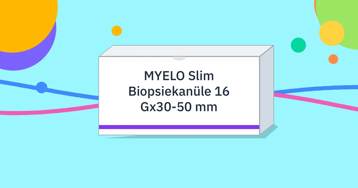 Symbolbild: Packung mit der Aufschrift MYELO Slim Biopsiekanüle 16 Gx30-50 mm (PZN 18794271) – Verfügbarkeit und Bezug in Apotheken in Frankfurt am Main