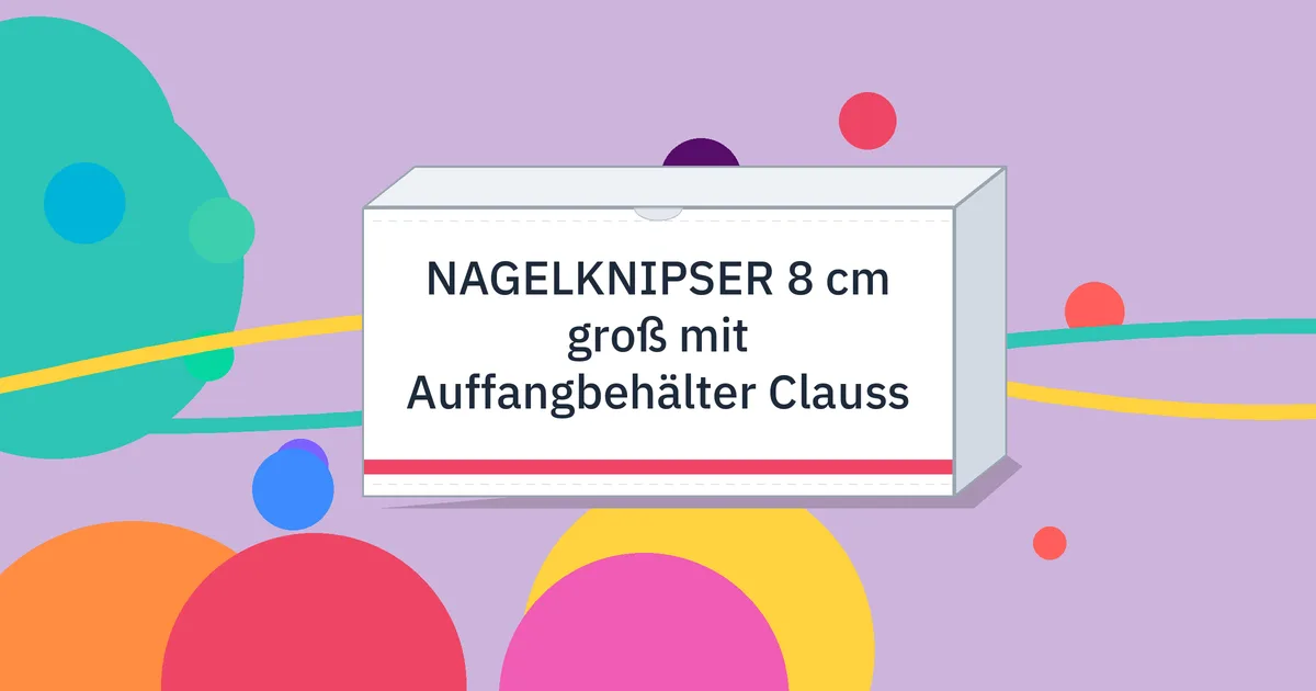 Symbolbild: Packung mit der Aufschrift NAGELKNIPSER 8 cm groß mit Auffangbehälter Clauss (PZN 16880055) – Verfügbarkeit und Bezug in Apotheken in Frankfurt am Main