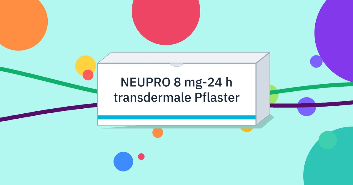 Symbolbild: Packung mit der Aufschrift NEUPRO 8 mg-24 h transdermale Pflaster (PZN 04421477) – Verfügbarkeit und Bezug in Apotheken in Frankfurt am Main
