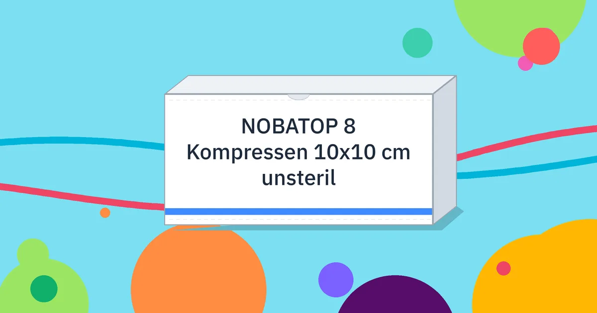 Symbolbild: Packung mit der Aufschrift NOBATOP 8 Kompressen 10x10 cm unsteril (PZN 05508654) – Verfügbarkeit und Bezug in Apotheken in Frankfurt am Main