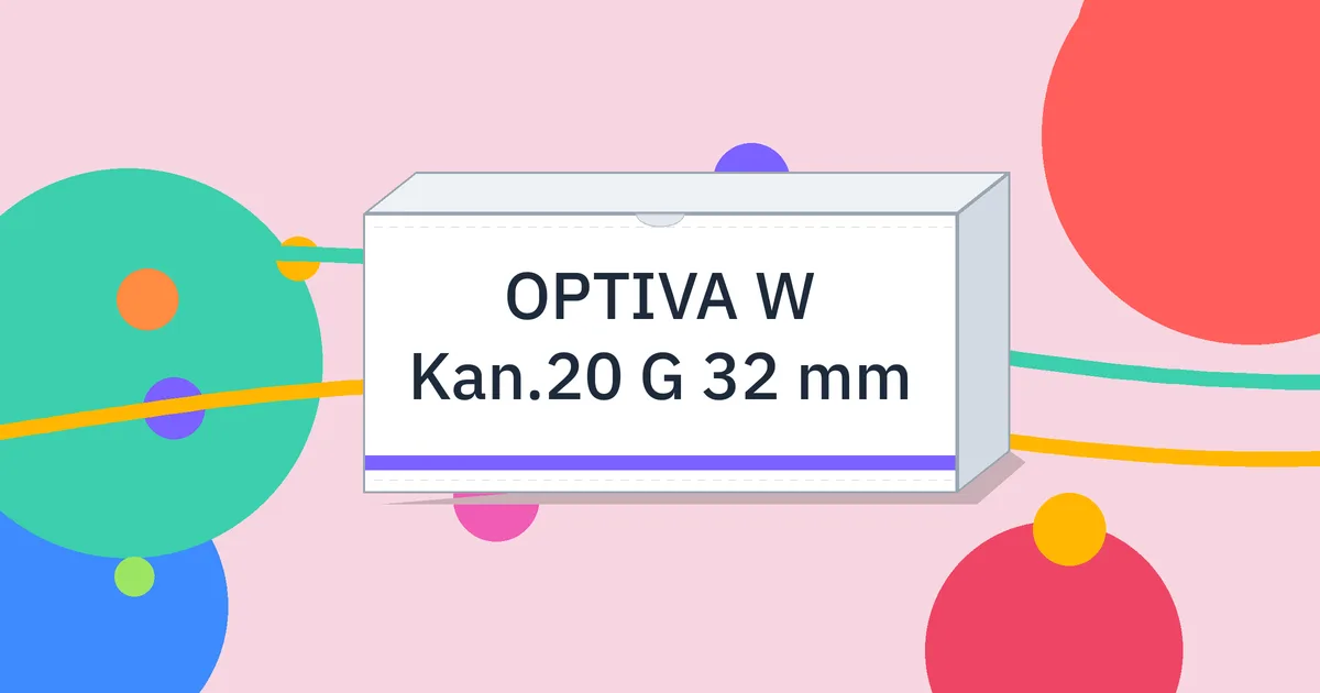 Symbolbild: Packung mit der Aufschrift OPTIVA W Kan.20 G 32 mm (PZN 09105901) – Verfügbarkeit und Bezug in Apotheken in Frankfurt am Main