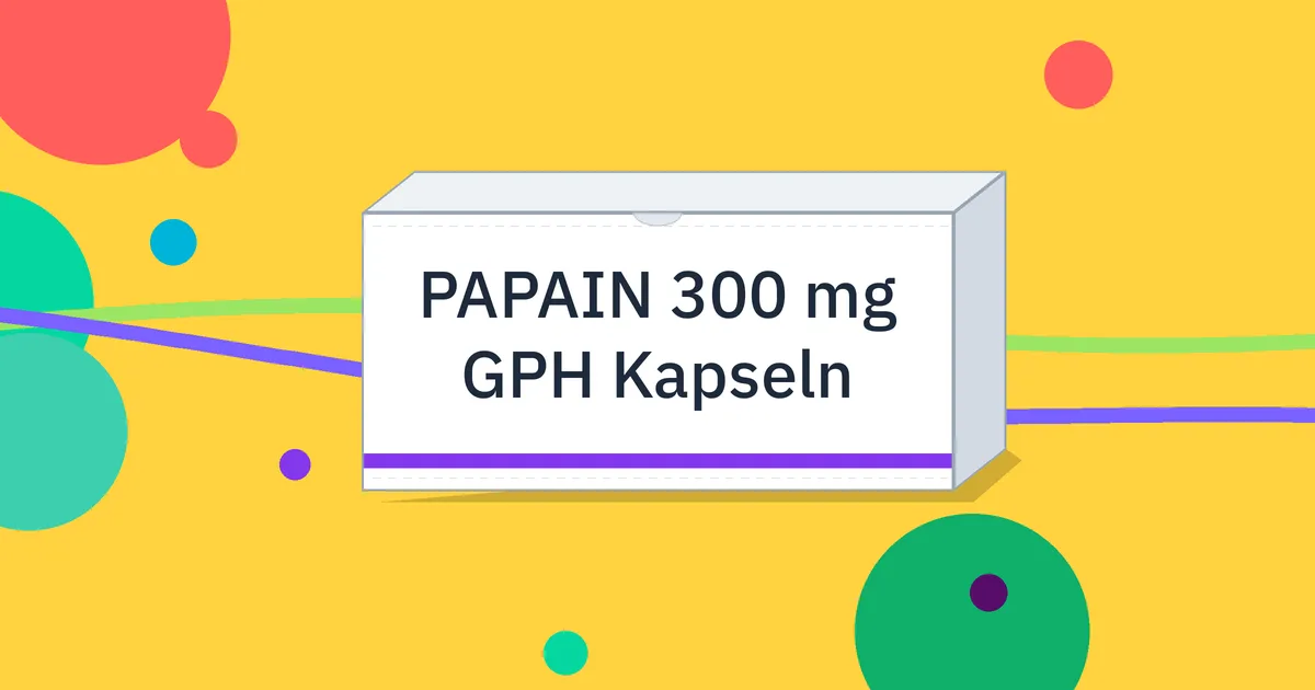Symbolbild: Packung mit der Aufschrift PAPAIN 300 mg GPH Kapseln (PZN 03447440) – Verfügbarkeit und Bezug in Apotheken in Frankfurt am Main