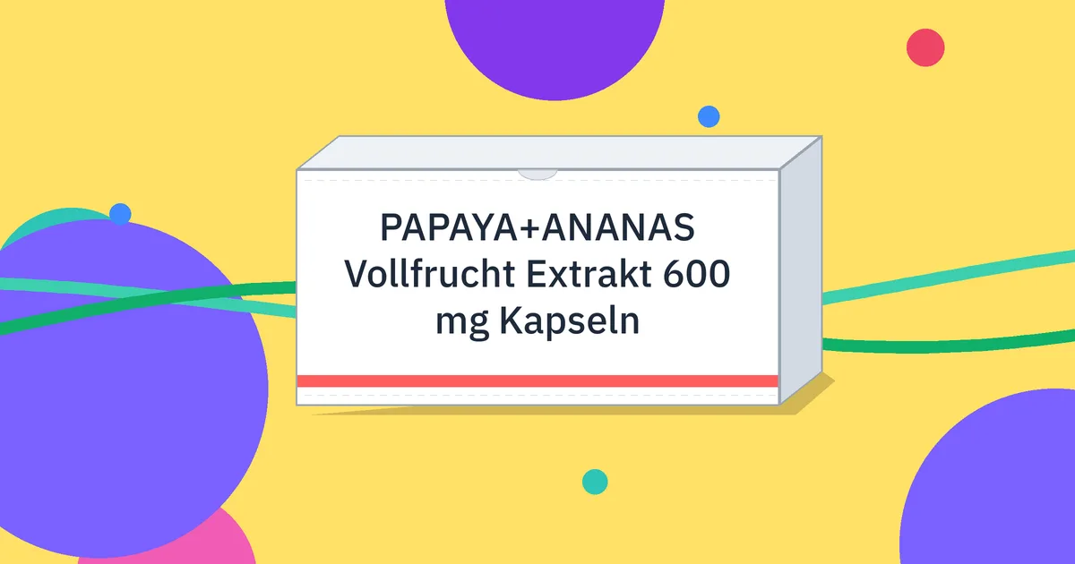 Symbolbild: Packung mit der Aufschrift PAPAYA+ANANAS Vollfrucht Extrakt 600 mg Kapseln (PZN 11048151) – Verfügbarkeit und Bezug in Apotheken in Frankfurt am Main