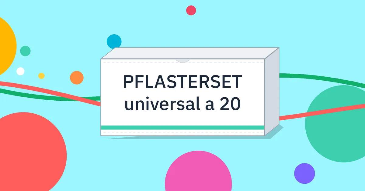 Symbolbild: Packung mit der Aufschrift PFLASTERSET universal a 20 (PZN 04217179) – Verfügbarkeit und Bezug in Apotheken in Frankfurt am Main