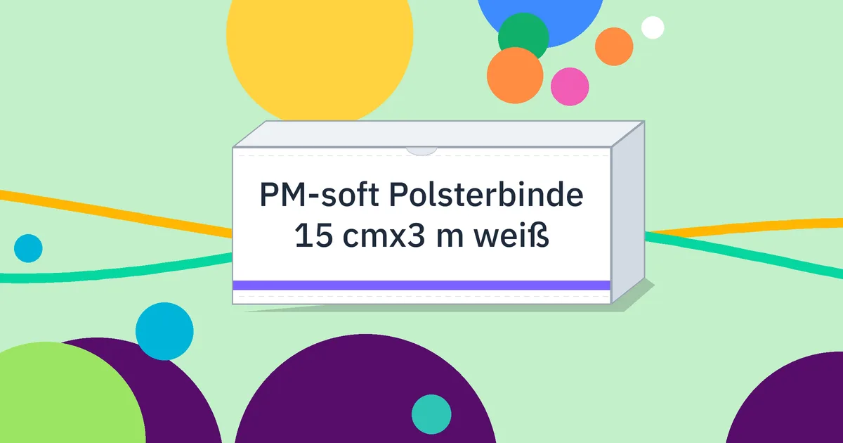 Symbolbild: Packung mit der Aufschrift PM-soft Polsterbinde 15 cmx3 m weiß (PZN 18844833) – Verfügbarkeit und Bezug in Apotheken in Frankfurt am Main