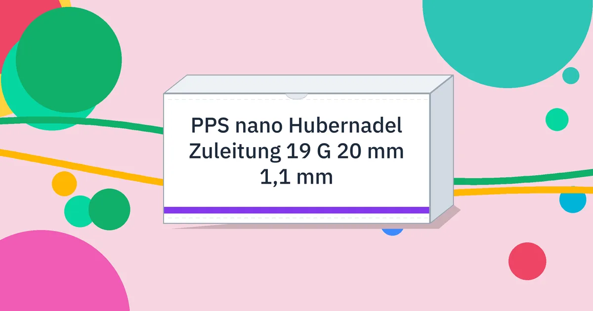Symbolbild: Packung mit der Aufschrift PPS nano Hubernadel Zuleitung 19 G 20 mm 1,1 mm (PZN 18195174) – Verfügbarkeit und Bezug in Apotheken in Frankfurt am Main