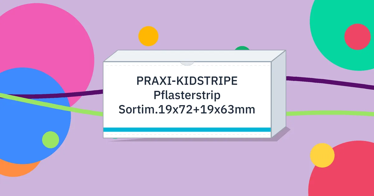 Symbolbild: Packung mit der Aufschrift PRAXI-KIDSTRIPE Pflasterstrip Sortim.19x72+19x63mm (PZN 12826900) – Verfügbarkeit und Bezug in Apotheken in Frankfurt am Main