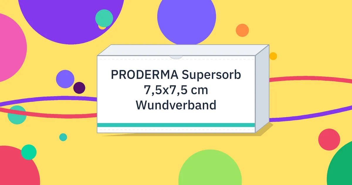 Symbolbild: Packung mit der Aufschrift PRODERMA Supersorb 7,5x7,5 cm Wundverband (PZN 20313801) – Verfügbarkeit und Bezug in Apotheken in Frankfurt am Main