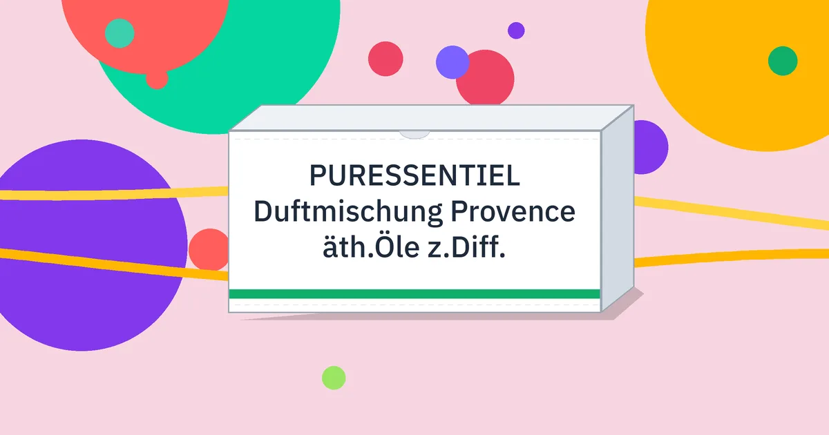 Symbolbild: Packung mit der Aufschrift PURESSENTIEL Duftmischung Provence äth.Öle z.Diff. (PZN 18411353) – Verfügbarkeit und Bezug in Apotheken in Frankfurt am Main