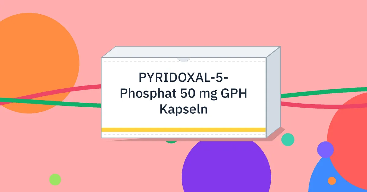 Symbolbild: Packung mit der Aufschrift PYRIDOXAL-5-Phosphat 50 mg GPH Kapseln (PZN 20091281) – Verfügbarkeit und Bezug in Apotheken in Frankfurt am Main