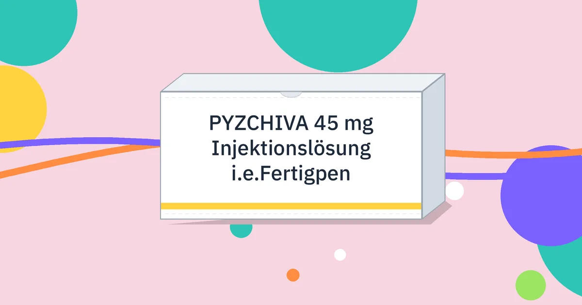 Symbolbild: Packung mit der Aufschrift PYZCHIVA 45 mg Injektionslösung i.e.Fertigpen (PZN 20055960) – Verfügbarkeit und Bezug in Apotheken in Frankfurt am Main