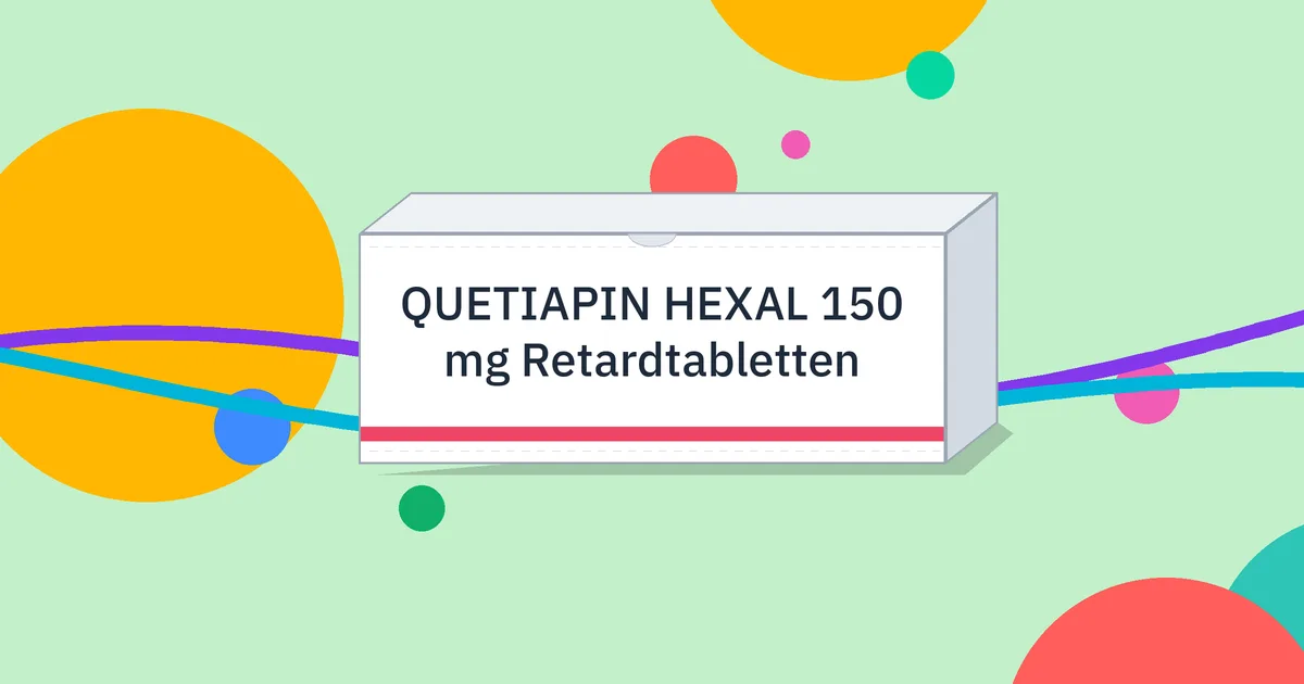 Symbolbild: Packung mit der Aufschrift QUETIAPIN HEXAL 150 mg Retardtabletten (PZN 09637667) – Verfügbarkeit und Bezug in Apotheken in Frankfurt am Main