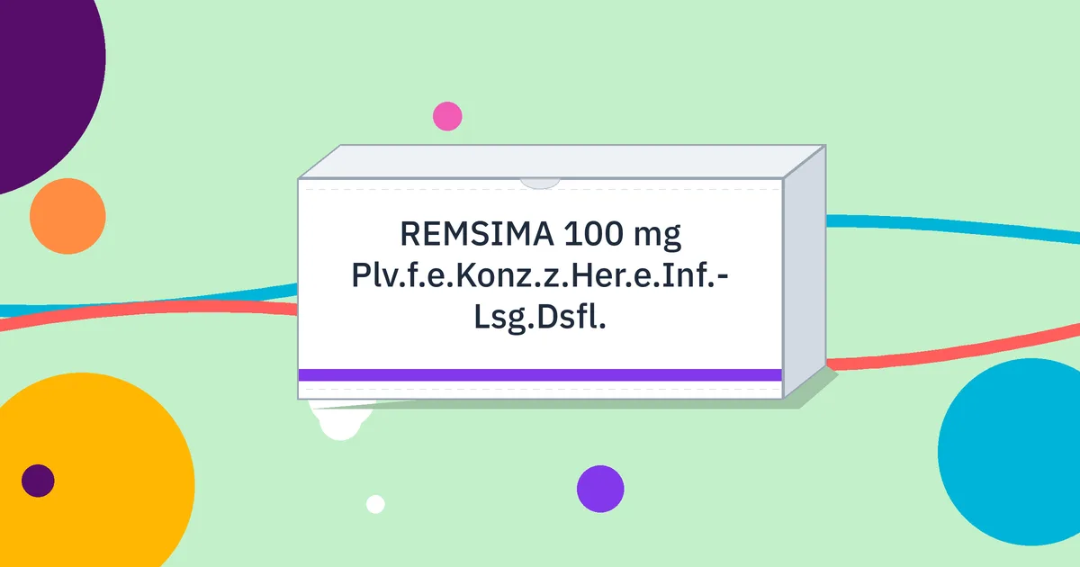 Symbolbild: Packung mit der Aufschrift REMSIMA 100 mg Plv.f.e.Konz.z.Her.e.Inf.-Lsg.Dsfl. (PZN 19058686) – Verfügbarkeit und Bezug in Apotheken in Frankfurt am Main
