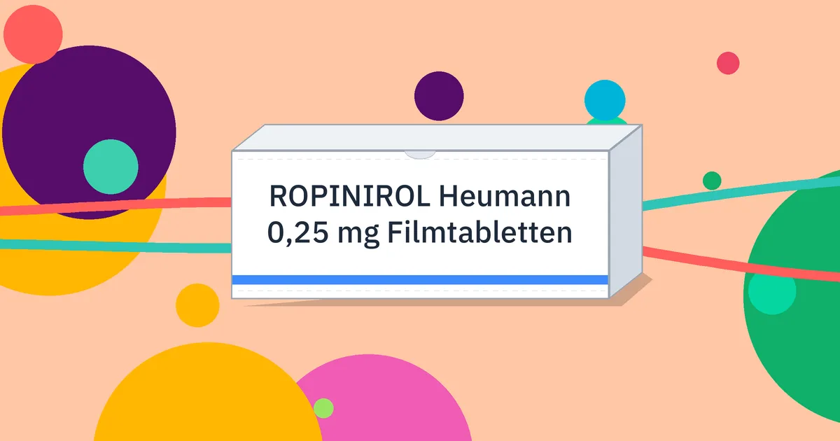 Symbolbild: Packung mit der Aufschrift ROPINIROL Heumann 0,25 mg Filmtabletten (PZN 03688149) – Verfügbarkeit und Bezug in Apotheken in Frankfurt am Main