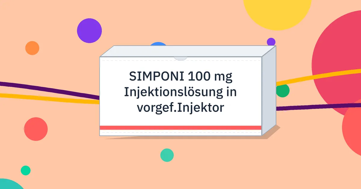 Symbolbild: Packung mit der Aufschrift SIMPONI 100 mg Injektionslösung in vorgef.Injektor (PZN 14327584) – Verfügbarkeit und Bezug in Apotheken in Frankfurt am Main