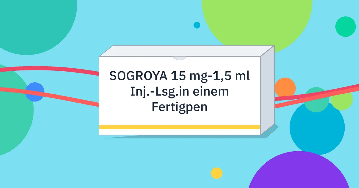 Symbolbild: Packung mit der Aufschrift SOGROYA 15 mg-1,5 ml Inj.-Lsg.in einem Fertigpen (PZN 20298941) – Verfügbarkeit und Bezug in Apotheken in Frankfurt am Main