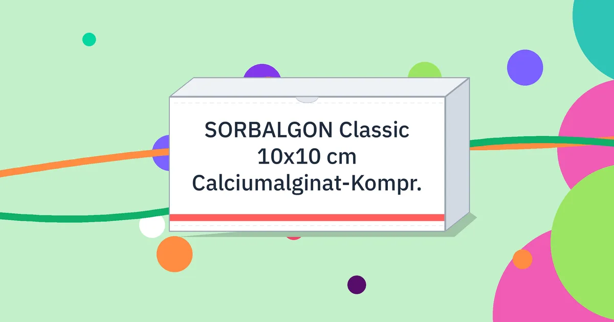 Symbolbild: Packung mit der Aufschrift SORBALGON Classic 10x10 cm Calciumalginat-Kompr. (PZN 20573910) – Verfügbarkeit und Bezug in Apotheken in Frankfurt am Main