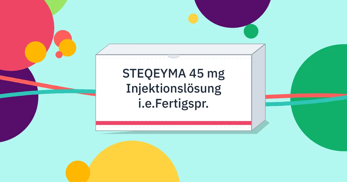 Symbolbild: Packung mit der Aufschrift STEQEYMA 45 mg Injektionslösung i.e.Fertigspr. (PZN 19847785) – Verfügbarkeit und Bezug in Apotheken in Frankfurt am Main