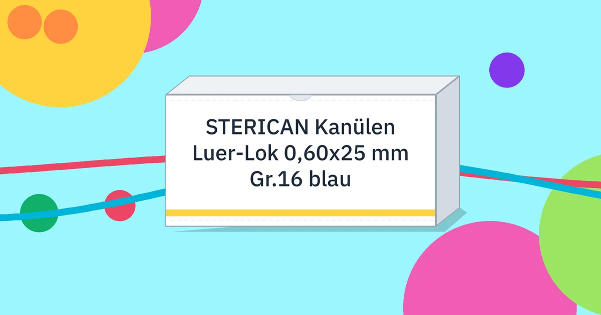 Symbolbild: Packung mit der Aufschrift STERICAN Kanülen Luer-Lok 0,60x25 mm Gr.16 blau (PZN 19531651) – Verfügbarkeit und Bezug in Apotheken in Frankfurt am Main