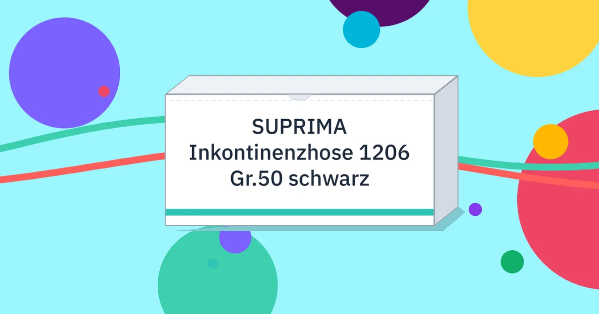 Symbolbild: Packung mit der Aufschrift SUPRIMA Inkontinenzhose 1206 Gr.50 schwarz (PZN 01514244) – Verfügbarkeit und Bezug in Apotheken in Frankfurt am Main