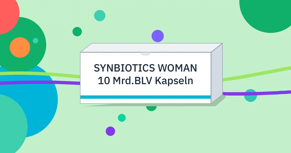 Symbolbild: Packung mit der Aufschrift SYNBIOTICS WOMAN 10 Mrd.BLV Kapseln (PZN 17307760) – Verfügbarkeit und Bezug in Apotheken in Frankfurt am Main