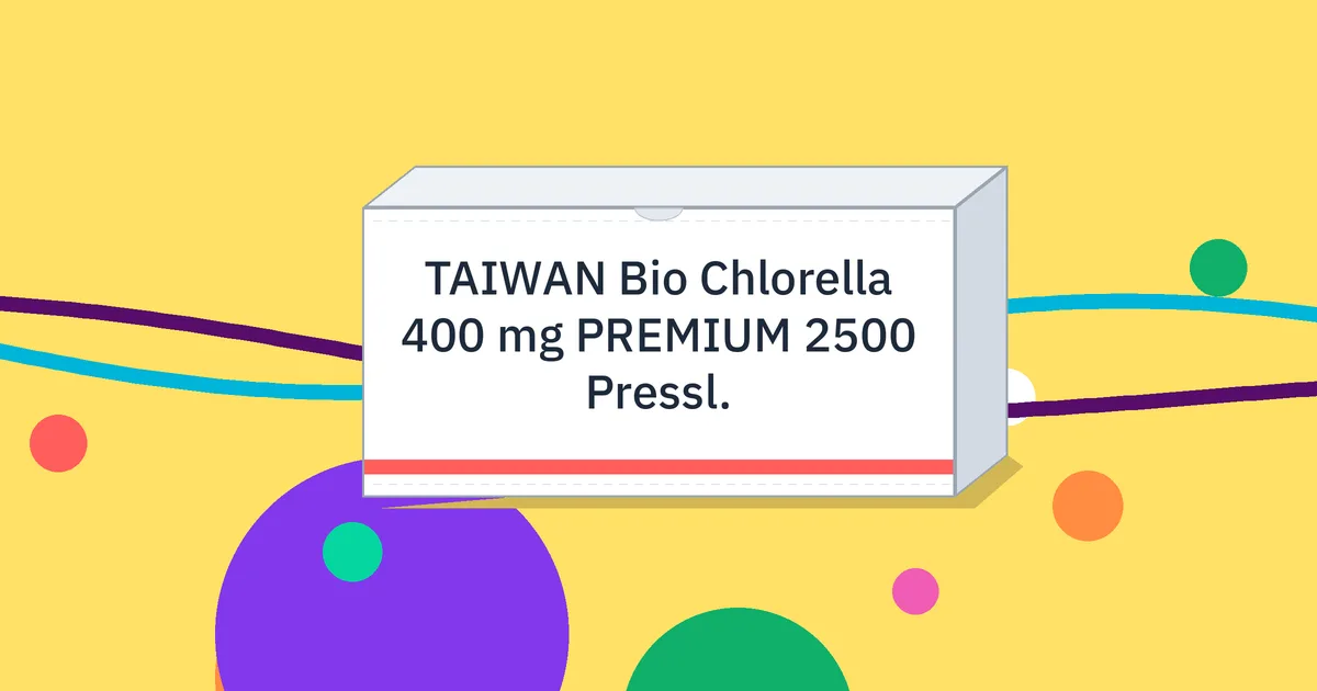 Symbolbild: Packung mit der Aufschrift TAIWAN Bio Chlorella 400 mg PREMIUM 2500 Pressl. (PZN 08458833) – Verfügbarkeit und Bezug in Apotheken in Frankfurt am Main