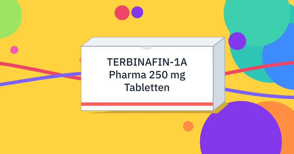 Symbolbild: Packung mit der Aufschrift TERBINAFIN-1A Pharma 250 mg Tabletten (PZN 01044347) – Verfügbarkeit und Bezug in Apotheken in Frankfurt am Main