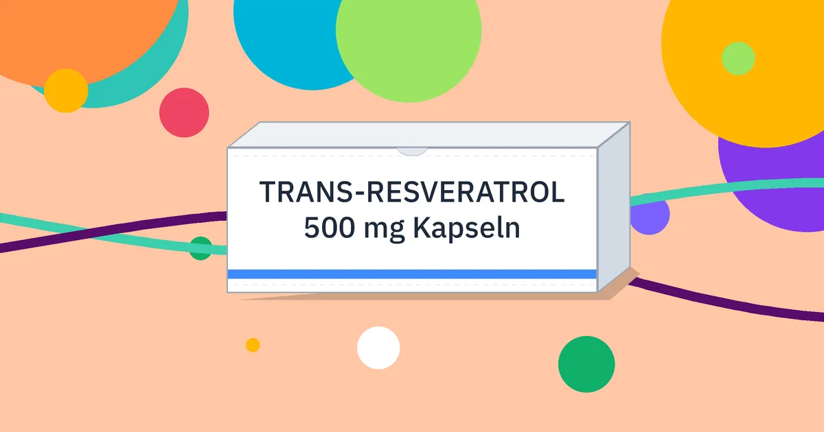 Symbolbild: Packung mit der Aufschrift TRANS-RESVERATROL 500 mg Kapseln (PZN 16657104) – Verfügbarkeit und Bezug in Apotheken in Frankfurt am Main