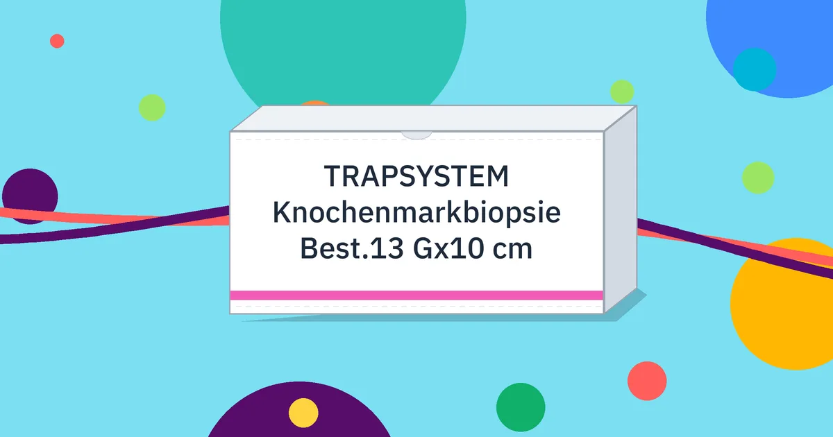 Symbolbild: Packung mit der Aufschrift TRAPSYSTEM Knochenmarkbiopsie Best.13 Gx10 cm (PZN 07096546) – Verfügbarkeit und Bezug in Apotheken in Frankfurt am Main