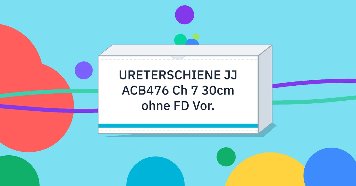 Symbolbild: Packung mit der Aufschrift URETERSCHIENE JJ ACB476 Ch 7 30cm ohne FD Vor. (PZN 00492167) – Verfügbarkeit und Bezug in Apotheken in Frankfurt am Main