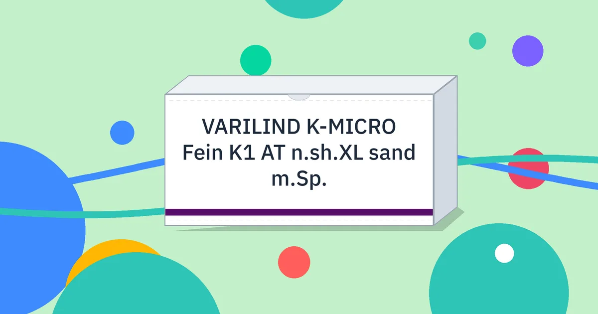 Symbolbild: Packung mit der Aufschrift VARILIND K-MICRO Fein K1 AT n.sh.XL sand m.Sp. (PZN 20551587) – Verfügbarkeit und Bezug in Apotheken in Frankfurt am Main