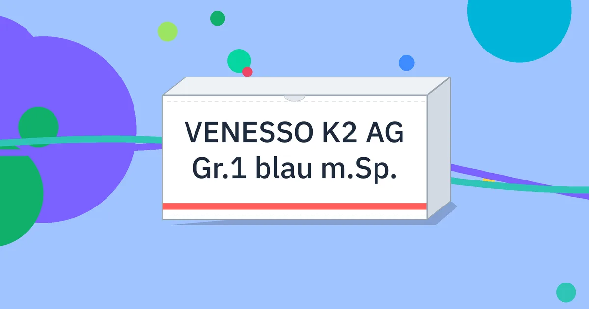 Symbolbild: Packung mit der Aufschrift VENESSO K2 AG Gr.1 blau m.Sp. (PZN 03278032) – Verfügbarkeit und Bezug in Apotheken in Frankfurt am Main