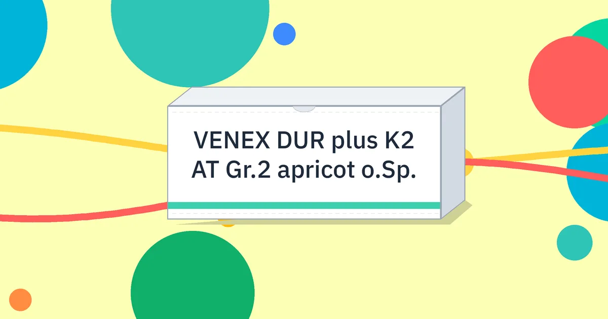 Symbolbild: Packung mit der Aufschrift VENEX DUR plus K2 AT Gr.2 apricot o.Sp. (PZN 03234595) – Verfügbarkeit und Bezug in Apotheken in Frankfurt am Main