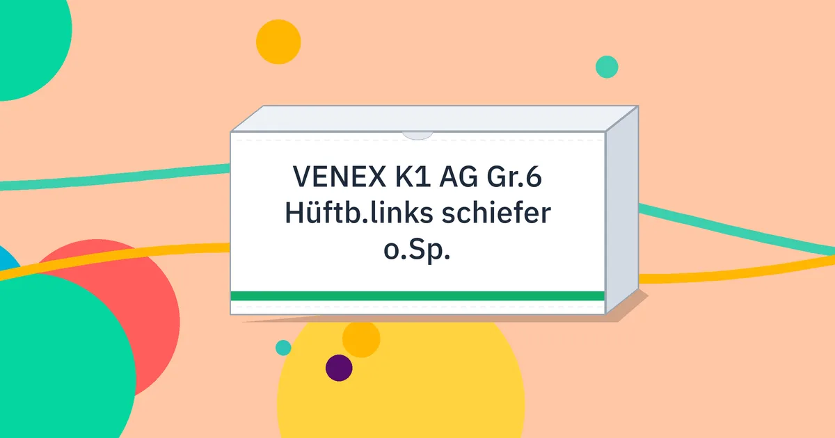 Symbolbild: Packung mit der Aufschrift VENEX K1 AG Gr.6 Hüftb.links schiefer o.Sp. (PZN 03206357) – Verfügbarkeit und Bezug in Apotheken in Frankfurt am Main