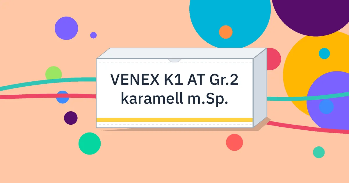 Symbolbild: Packung mit der Aufschrift VENEX K1 AT Gr.2 karamell m.Sp. (PZN 13759175) – Verfügbarkeit und Bezug in Apotheken in Frankfurt am Main