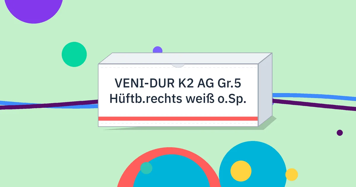 Symbolbild: Packung mit der Aufschrift VENI-DUR K2 AG Gr.5 Hüftb.rechts weiß o.Sp. (PZN 03254681) – Verfügbarkeit und Bezug in Apotheken in Frankfurt am Main