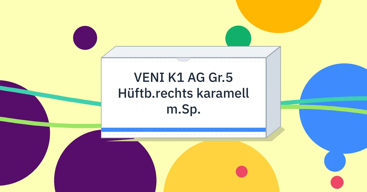 Symbolbild: Packung mit der Aufschrift VENI K1 AG Gr.5 Hüftb.rechts karamell m.Sp. (PZN 13760037) – Verfügbarkeit und Bezug in Apotheken in Frankfurt am Main